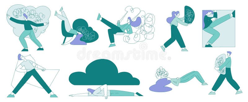 People Struggling with Clutter of Thoughts in Brain Vector Set Stock ...