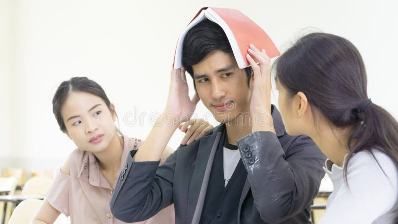 People Student Read Book and Hold Over Head and Sit Lecture Chairs ...