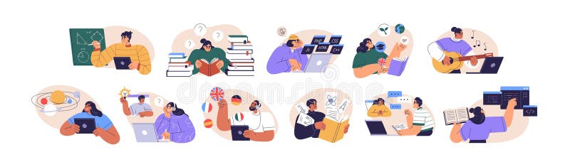 People Study Set. Education, Knowledge Concept. Students Learn Online ...