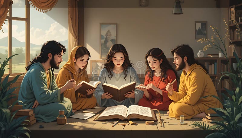 Group Study Session with Books in Cozy Indoor Setting Stock ...