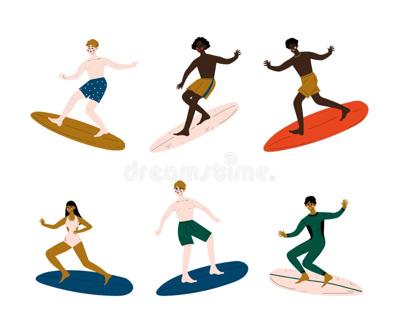 People Surfer With Surfboard Riding On Moving Wave Vector Set Stock