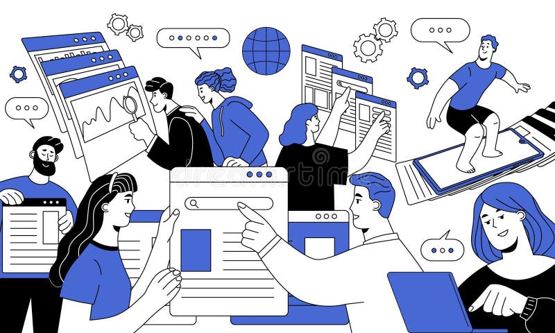 People Surfing Internet. Happy Characters Chatting Online, Entering ...