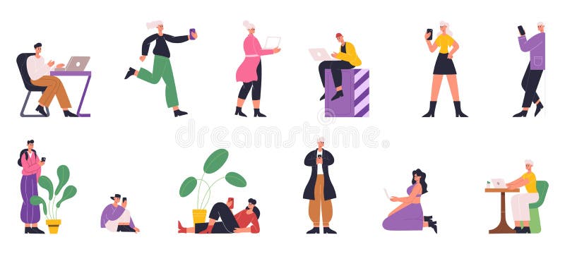 People Surfing Internet Using Gadgets, Chatting and Reading. Characters ...