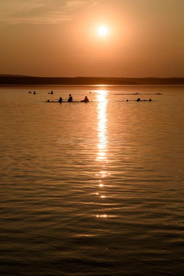People Swimming in a Lake at Sunset Stock Photo - Image of friends ...