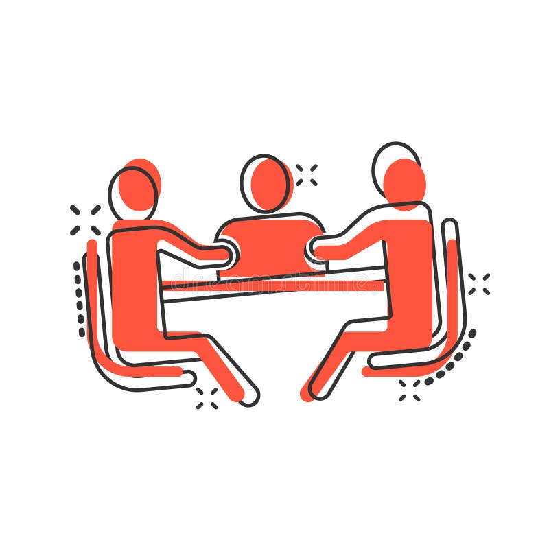 People With Table Icon In Comic Style. Teamwork Conference Cartoon ...