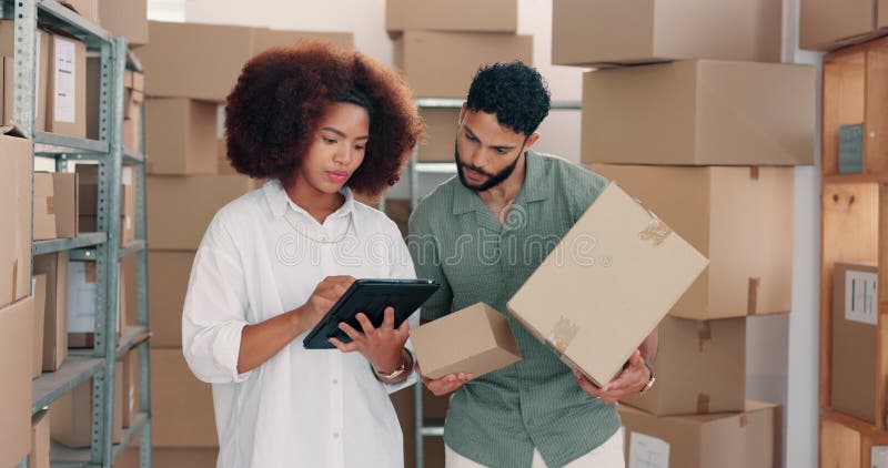 People, Tablet and Boxes in Small Business for Logistics, Order Confirmation and Inventory ...