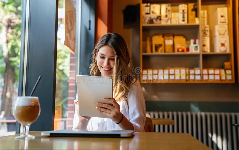 People Tablet Work Connection Technology Concept. Happy Woman Using ...