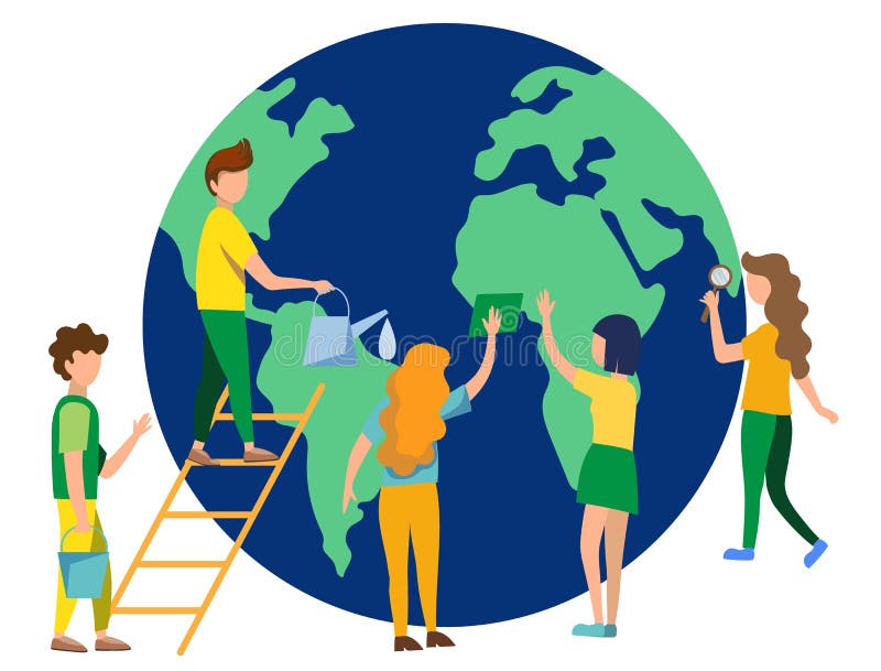 People Taking Care the Planet. Analyzing, Wiping, Watering. Earth Day ...
