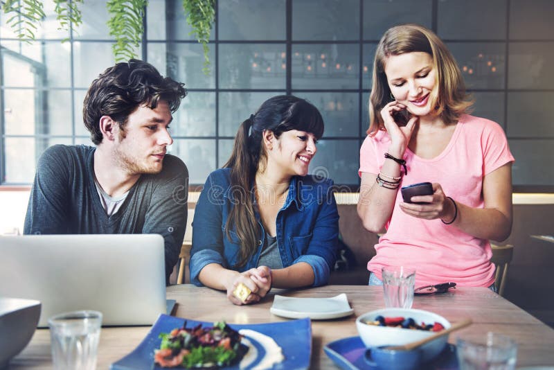 People Talking Digital Tablet Technology Friends Togetherness Co Stock ...