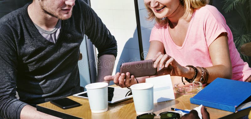 People Talking Digital Tablet Technology Friends Togetherness Co Stock ...