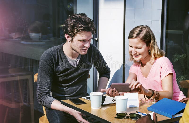 People Talking Digital Tablet Technology Friends Togetherness Co Stock ...