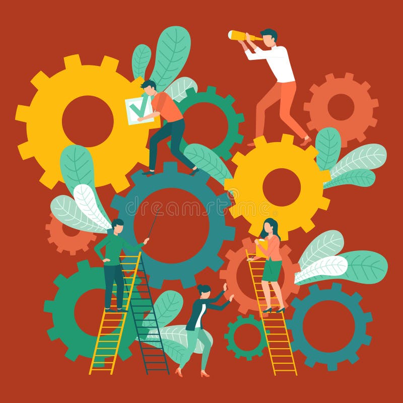 People Team with Gears and Ladders, Business Management and Working ...