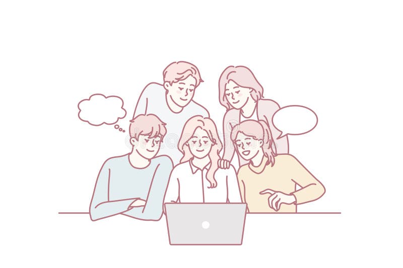 People Team Working on Computer Together Stock Vector - Illustration of ...