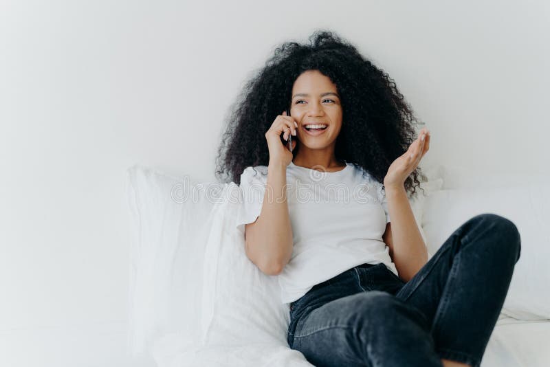 People Technology Communication And Rest Concept Glad Curly Haired