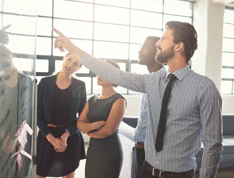 People, Thinking and Meeting with Whiteboard in Office of Schedule ...