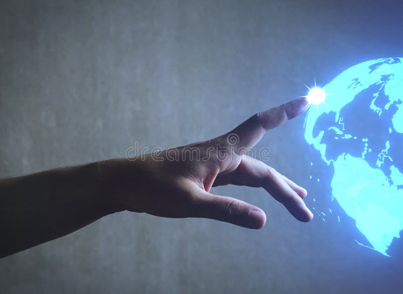 People Touching, Hand Fingering, Earth Hologram. Media Technology ...