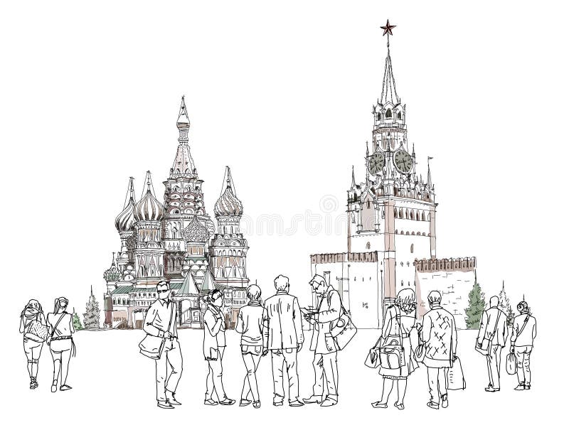 People and Tourists on the Red Square in Moscow, Sketch Stock ...