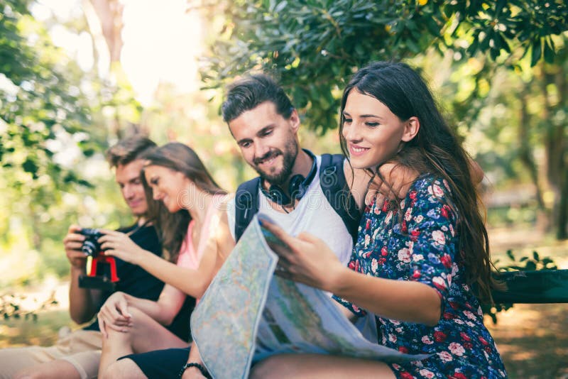 People Tourists Searching for Direction Using Paper Map Stock Image ...