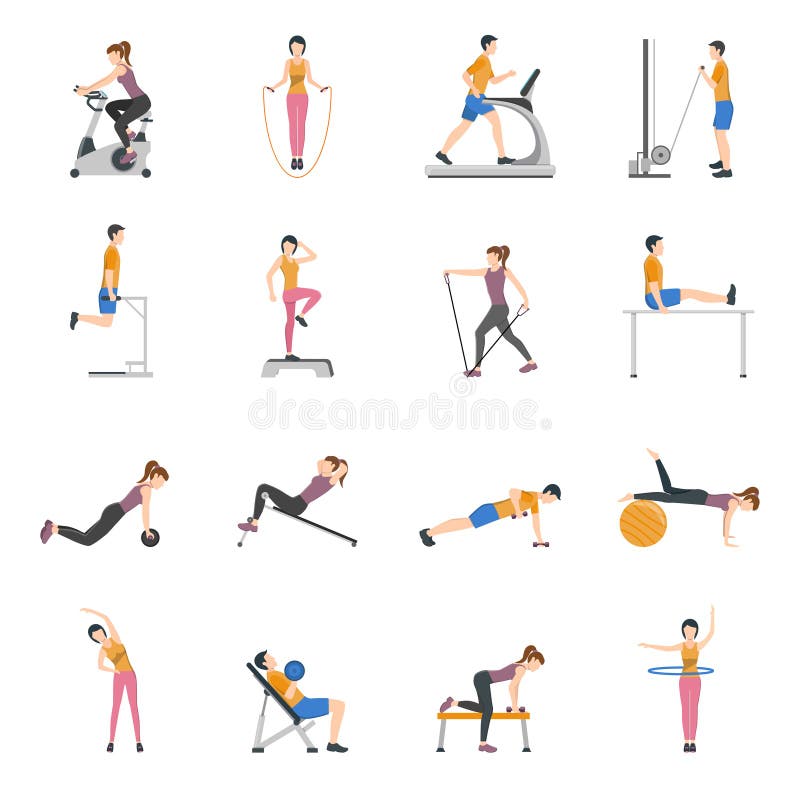People Training at Gym Icons Set Stock Vector - Illustration of bend ...