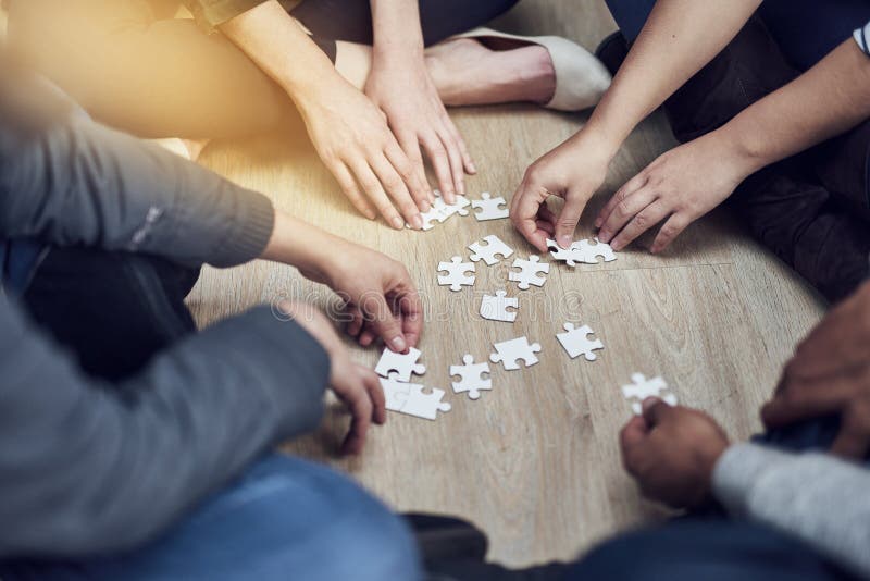 People, Training and Hands with Puzzle on Table for Problem Solving ...