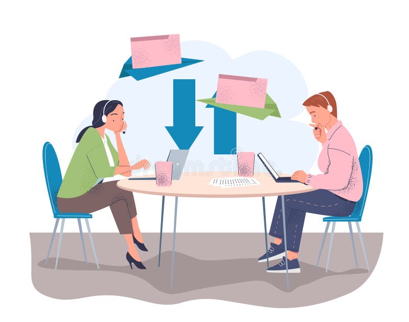 People Transfers Files. Man and Woman Sitting at Table and Sending ...