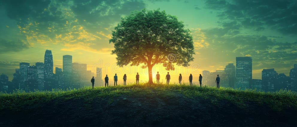People Under Tree in City stock illustration. Illustration of harmony ...
