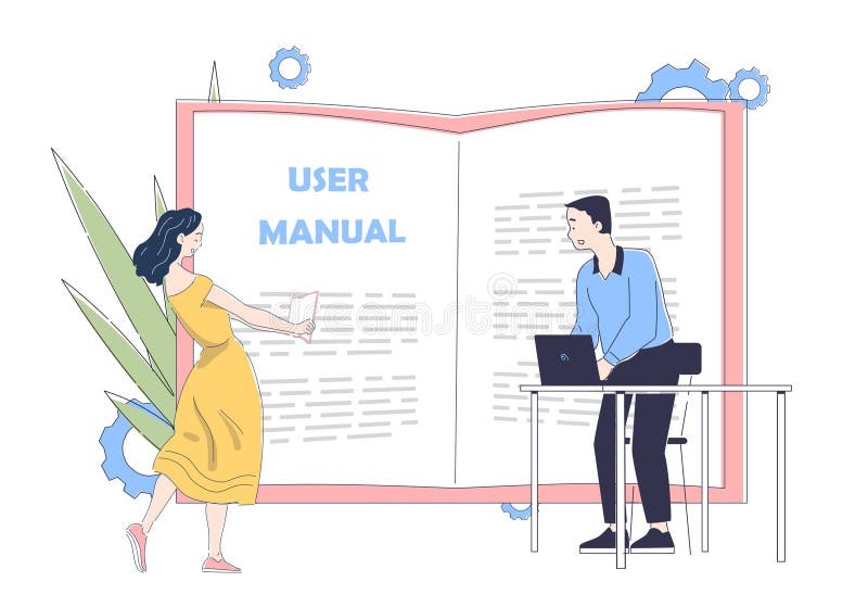 People with User Manual. Man and Woman Near Instructions and Guidebook ...