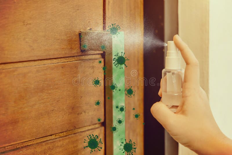 People Using Alcohol Surface Disinfectant Spray Cleaning Door Handle ...