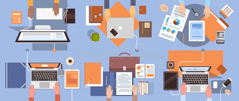 People Using Computers Businesspeople Hand Workplace Desk Top Angle ...