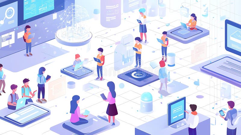People Using Digital Devices in Isometric Style Illustrative Digital ...