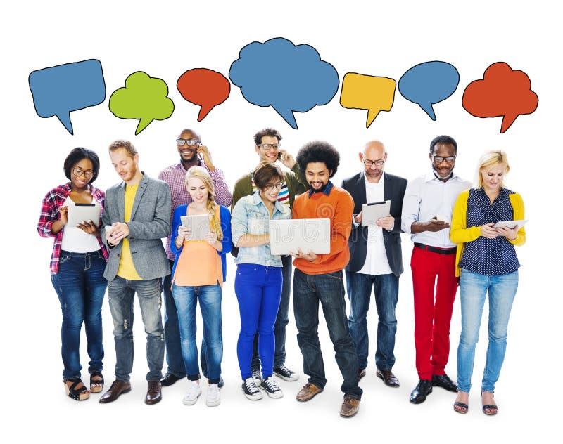 People Using Digital Devices and Speech Bubbles Stock Photo - Image of ...