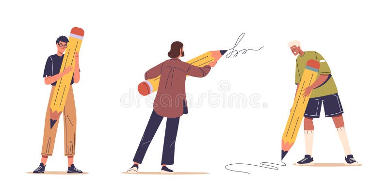 People Using Giant Pencils. Each Character Holds the Pencil Differently ...