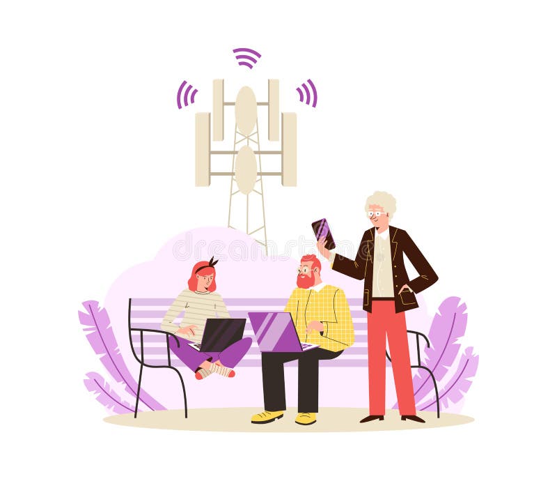 People Using Internet Signal of 5G Tower, Flat Vector Illustration ...