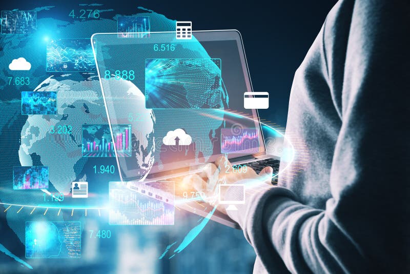 People Using Laptop with Digital Global Computer Cloud Interface Stock ...
