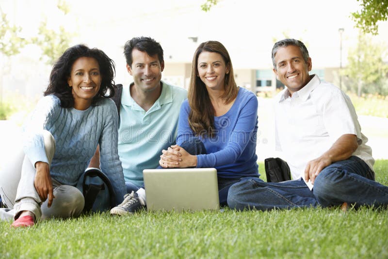 People Using Laptop Outdoors Stock Photo - Image of female, college ...