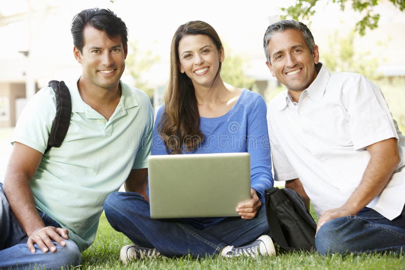 People Using Laptop Outdoors Stock Image - Image of higher, backpack ...