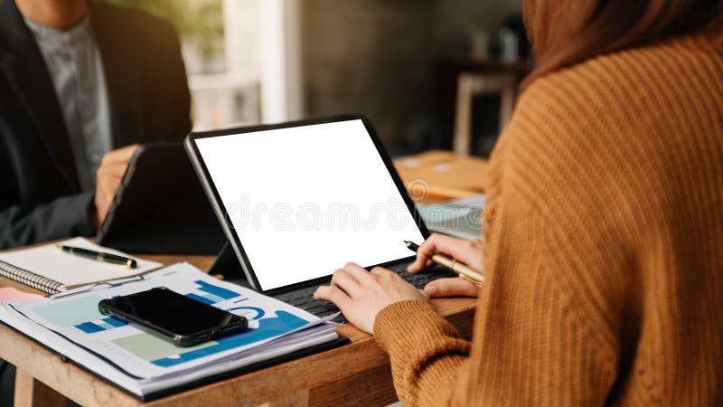 People Using and Looking at Mockup Laptop Computer on Wooden Table ...