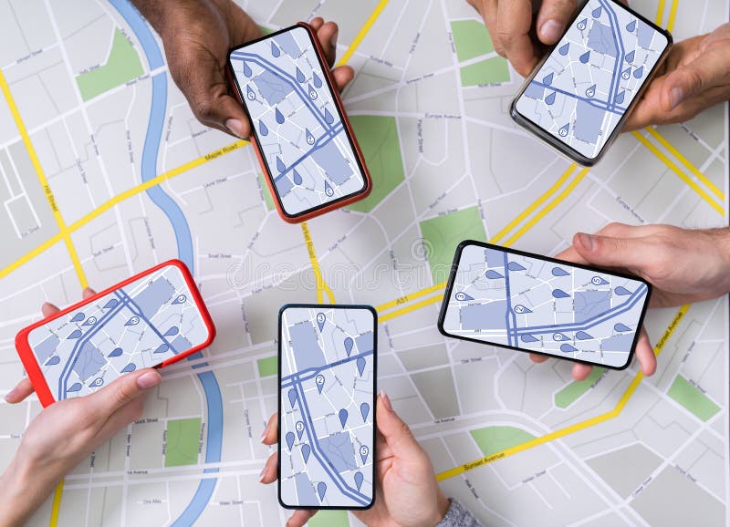 People Using Map on Mobile Phones Stock Photo - Image of circle ...