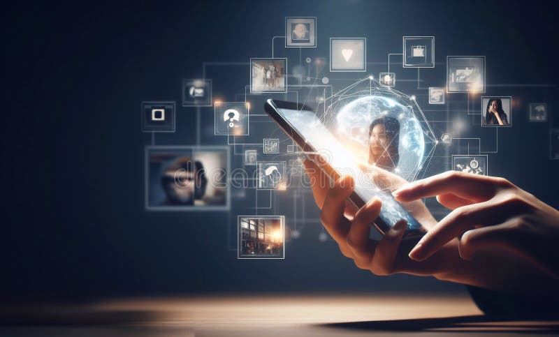 People Using Mobile Phones with Holographic Graphics on Internet ...