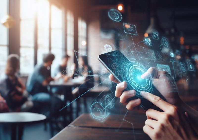 People Using Mobile Phones with Holographic Graphics on Internet ...