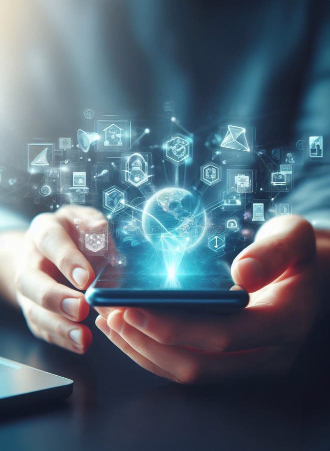 People Using Mobile Phones with Holographic Graphics on Internet ...