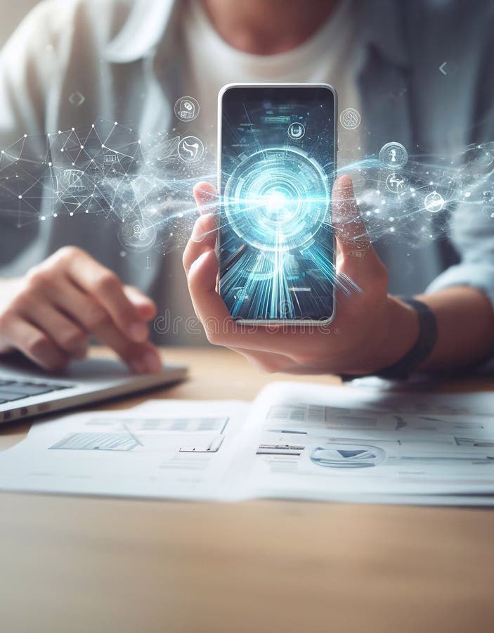 People Using Mobile Phones with Holographic Graphics on Internet ...