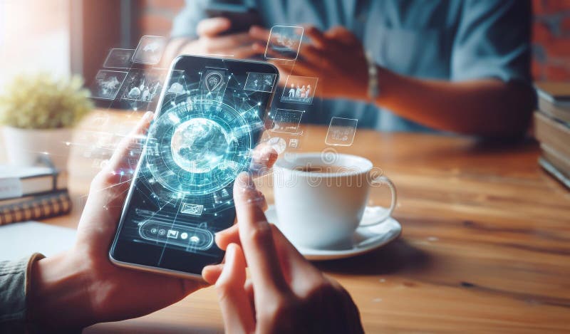 People Using Mobile Phones with Holographic Graphics on Internet ...