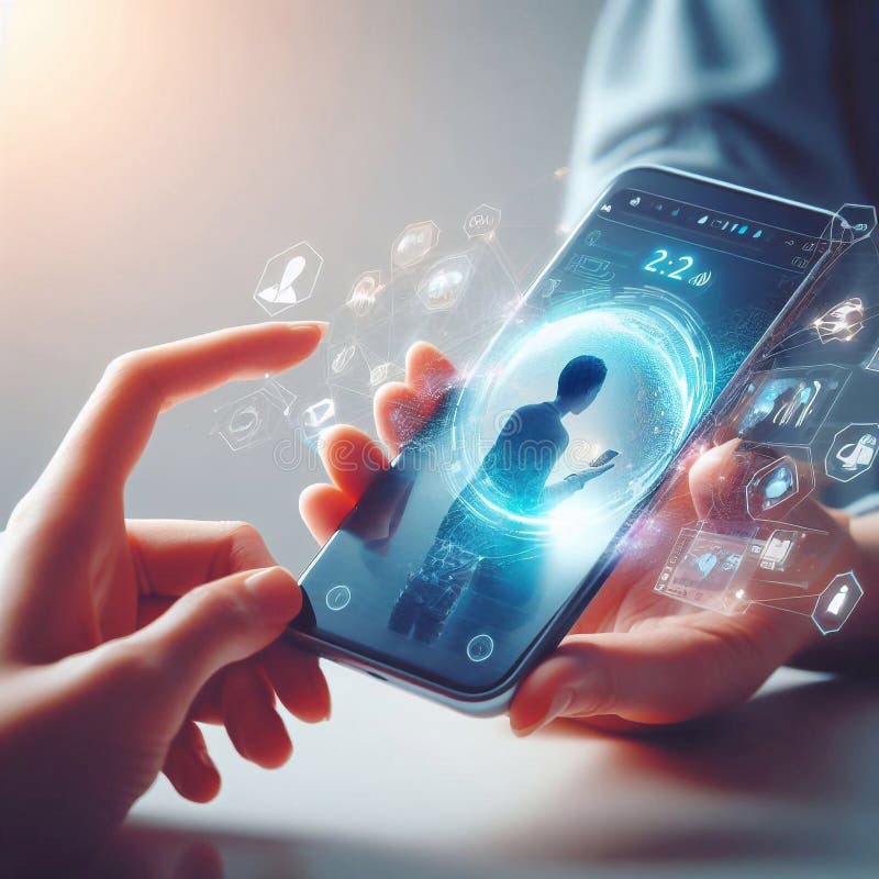 People Using Mobile Phones with Holographic Graphics on Internet ...