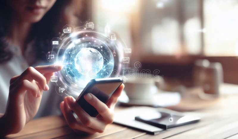 People Using Mobile Phones with Holographic Graphics on Internet ...