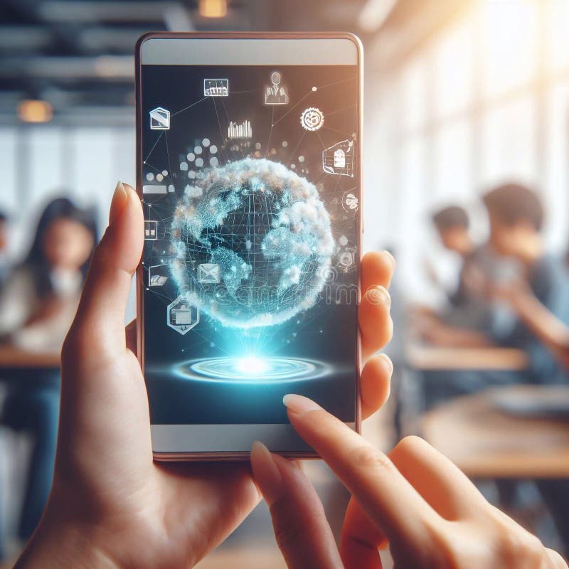 People Using Mobile Phones with Holographic Graphics on Internet ...