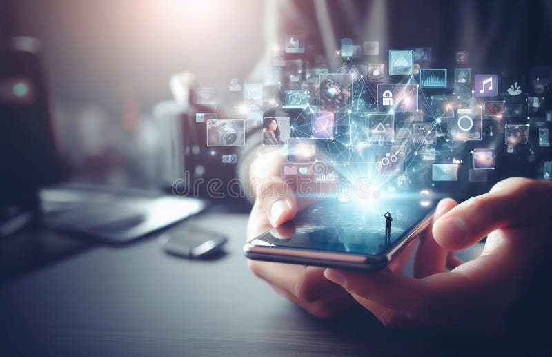 People Using Mobile Phones with Holographic Graphics on Internet ...