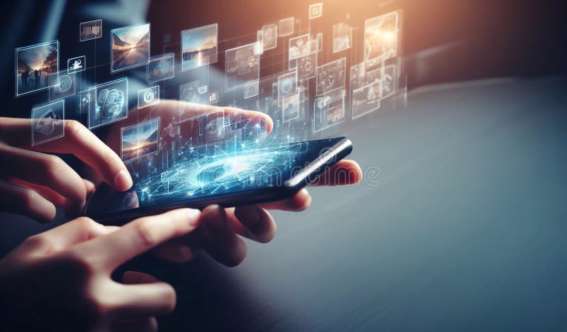 People Using Mobile Phones with Holographic Graphics on Internet ...