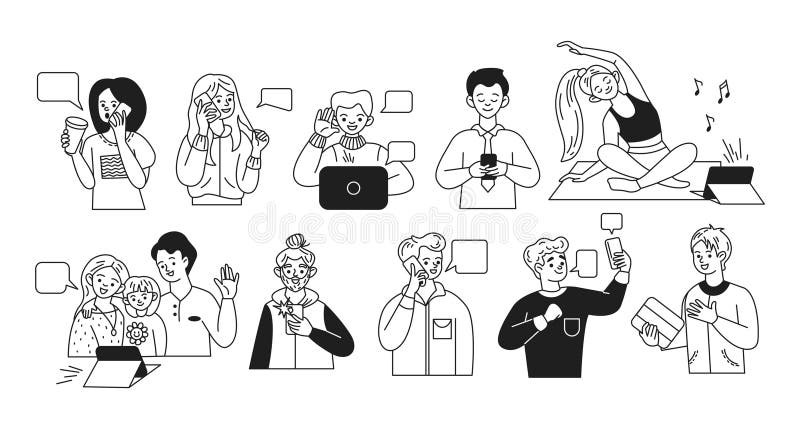 People Using Modern Gadgets Linear Vector Icons Set Stock Illustration ...