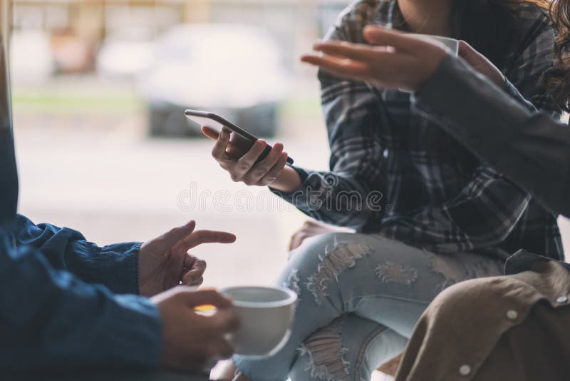 People Using Phone and Talking Together Stock Photo - Image of concept ...